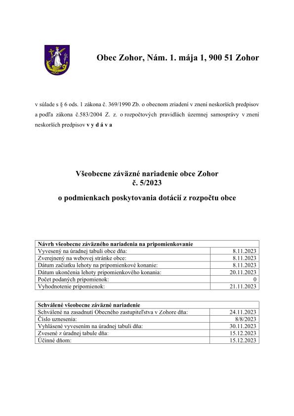 Všeobecne záväzné nariadenie obce Zohor č. 5/2023 o podmienkach ...